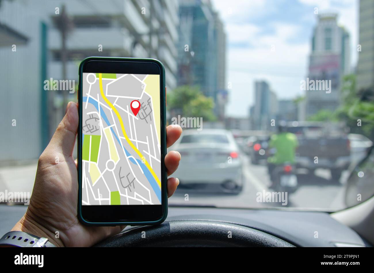 Man using mobile phone in map search mode app. smartphone application ...