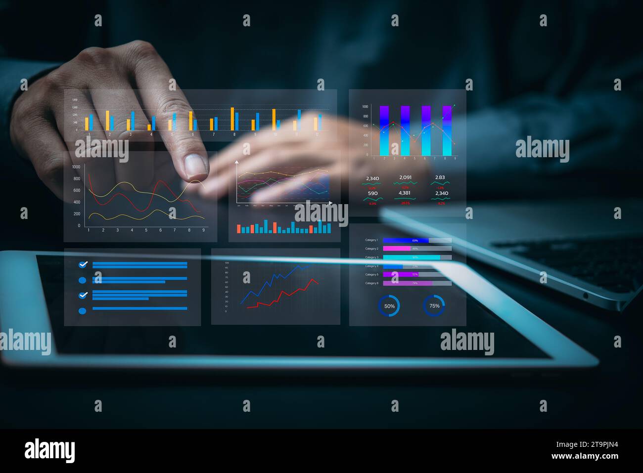 financial charts and graph analysis marketing floating above digital screen tablet, business KPI ...