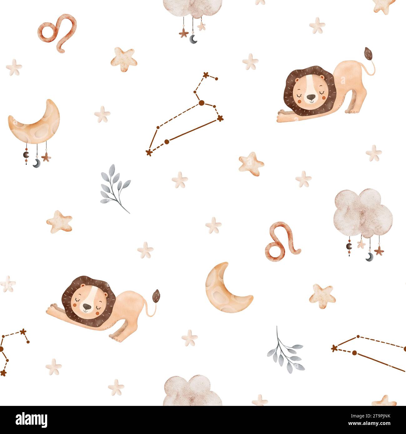 Watercolor seamless pattern with zodiac sign Leo, cloud, stars, moon ...