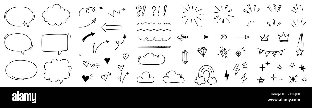 Hand drawn line cute star sparkle, heart, arrow elements. Doodle heart ...