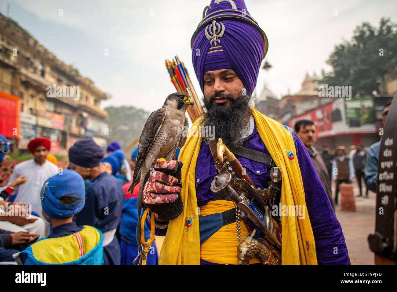 New Delhi, India. 26th Nov, 2023. Nihang or Sikh warrior holds a Hawk ...