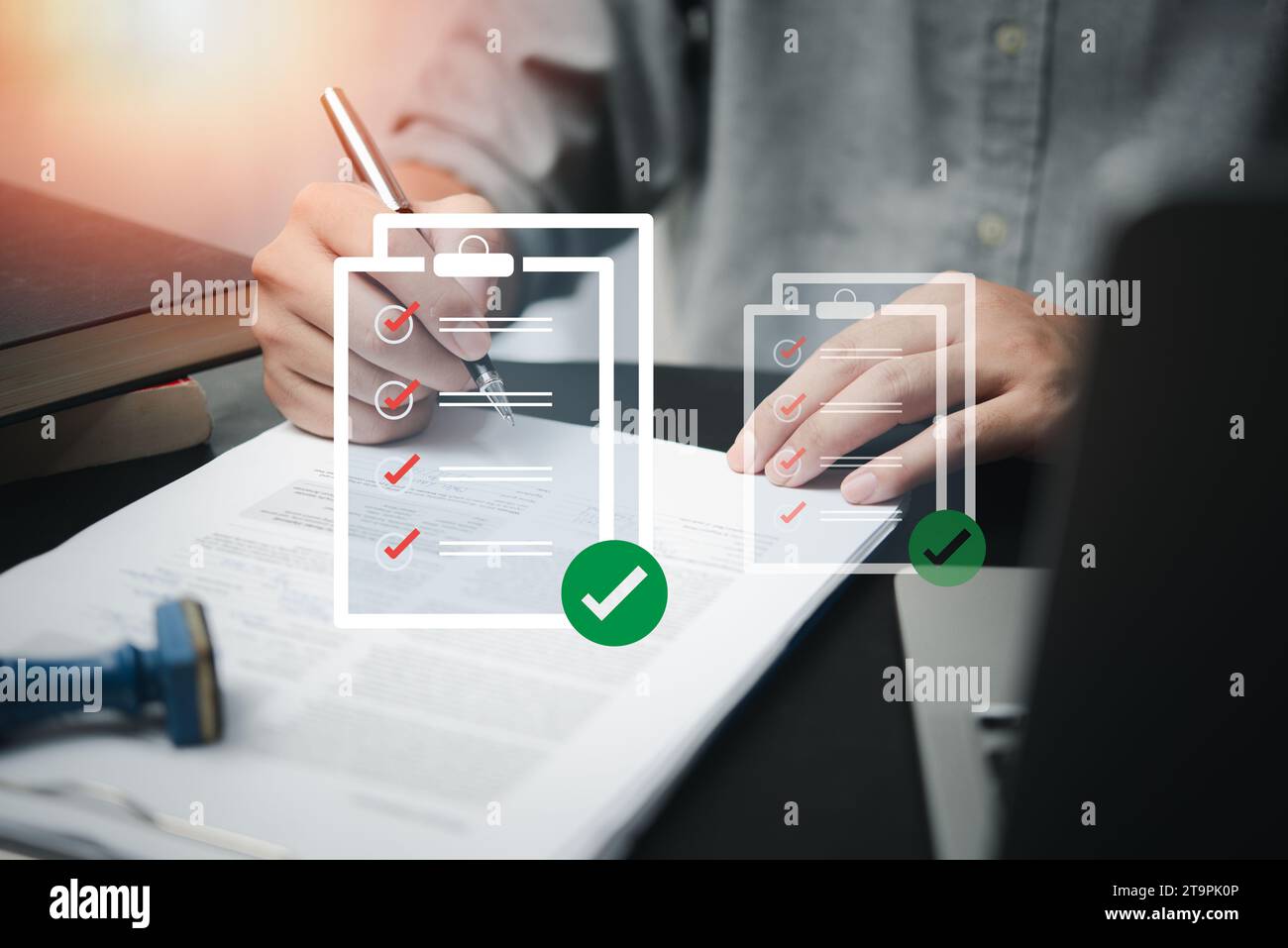 business management with document check list at work place. Man holding ...