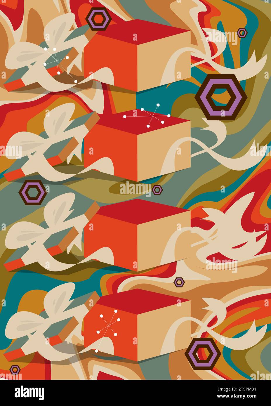 Retro 70s Background with gift box. Groovy Holiday. 1970s art template ...