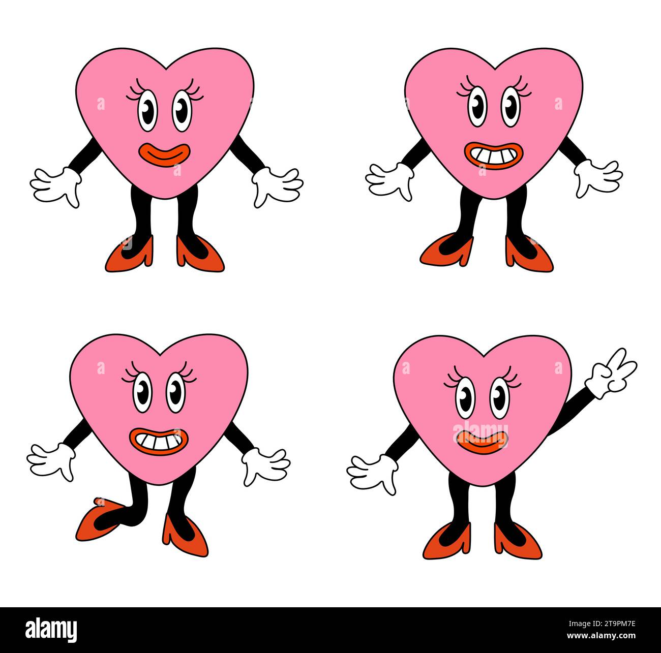 Retro set 70s 60s 80s Hippie Groovy Valentine day lovely Heart ...