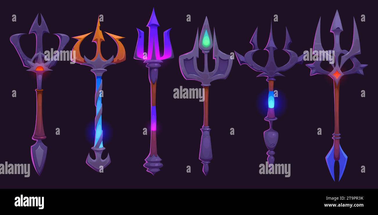 Magic trident staffs set isolated on black background. Vector cartoon ...