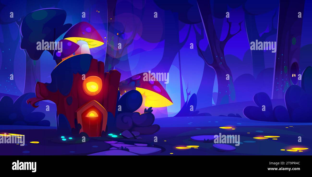 Magic wonderland with fairy wooden house with mushrooms at night. Cute ...
