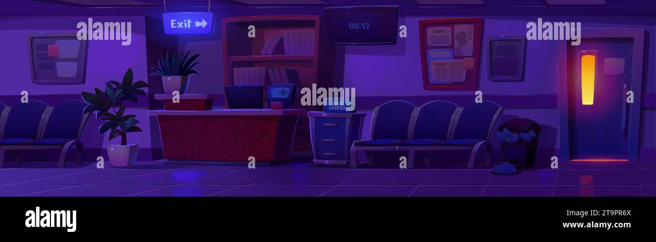 Hospital lobby interior at night. Vector cartoon illustration of ...