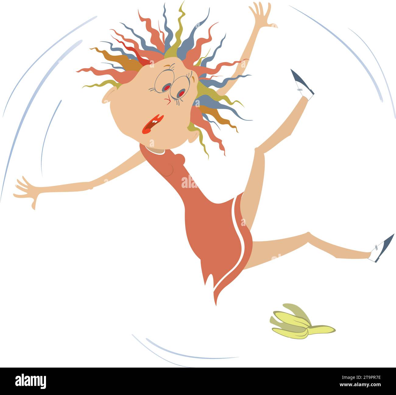 Young woman falling banana peel. Cartoon young woman falling down ... Young woman falling banana peel. Cartoon young woman falling down ...