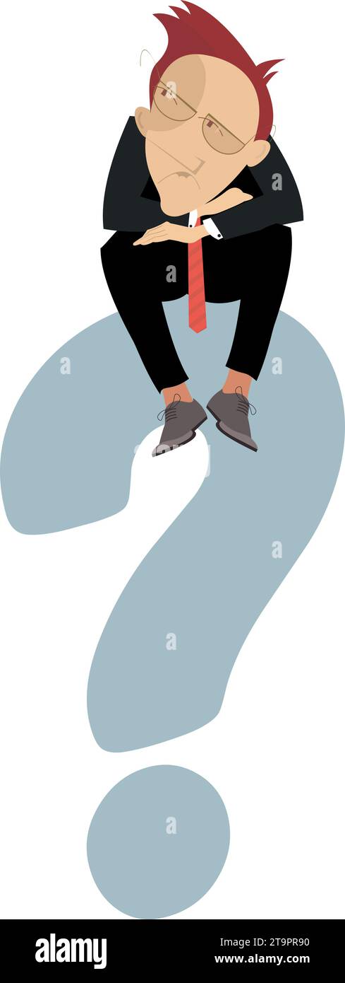 Thinking businessman sits on the question sign. Concept. Serious ...