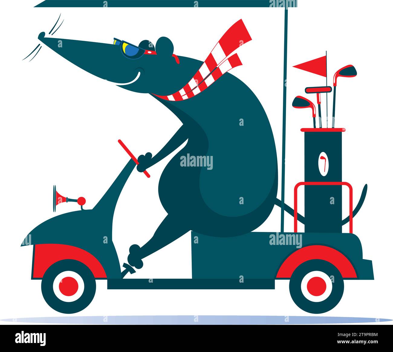 Cute rat or mouse rides the golf cart. Cartoon rat or mouse is going to ...