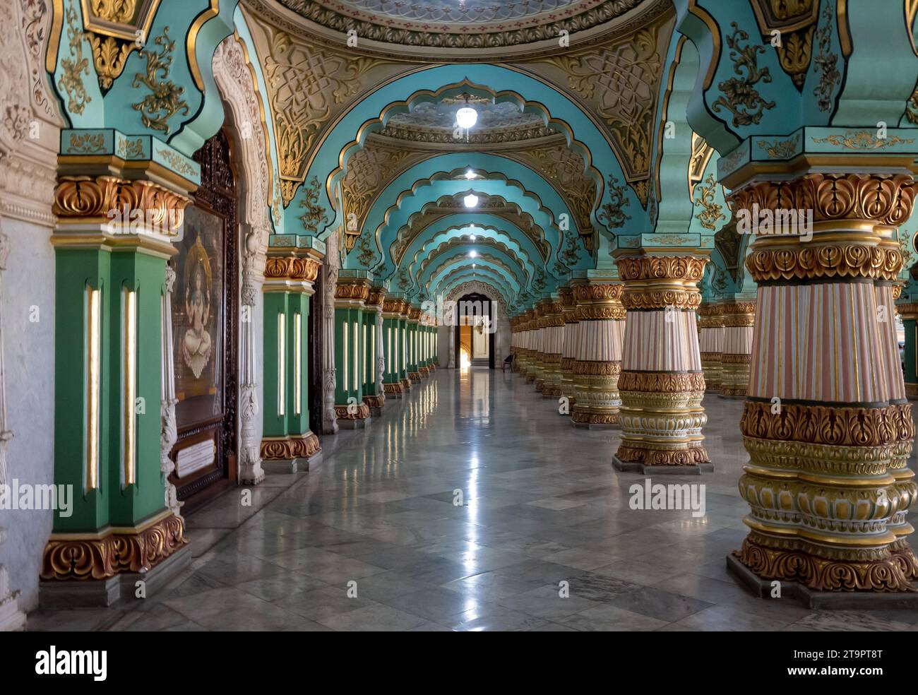 Beautiful decorated interior ceiling and pillars of the Durbar or ...