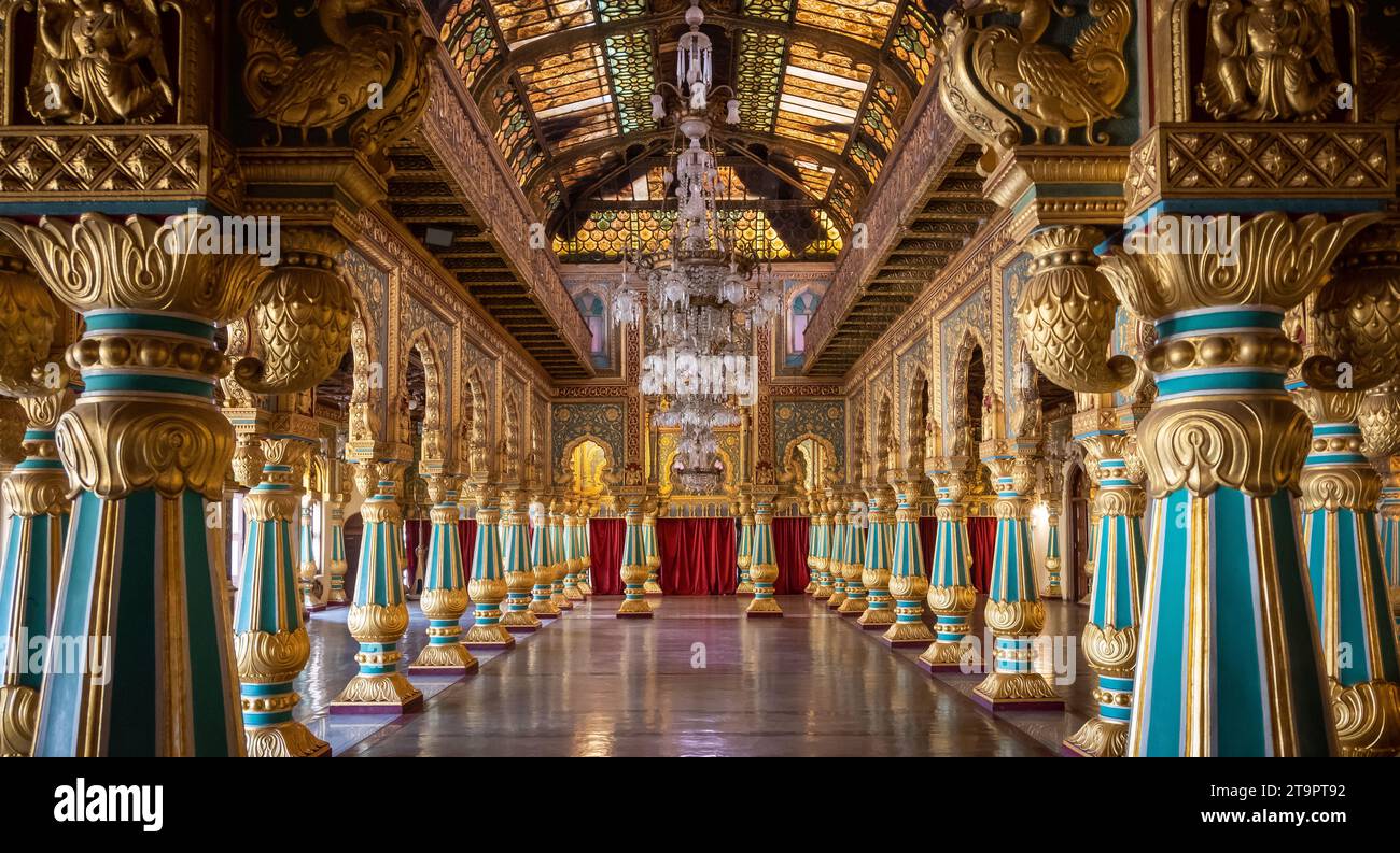 Beautiful decorated interior ceiling and pillars of the Durbar or ...