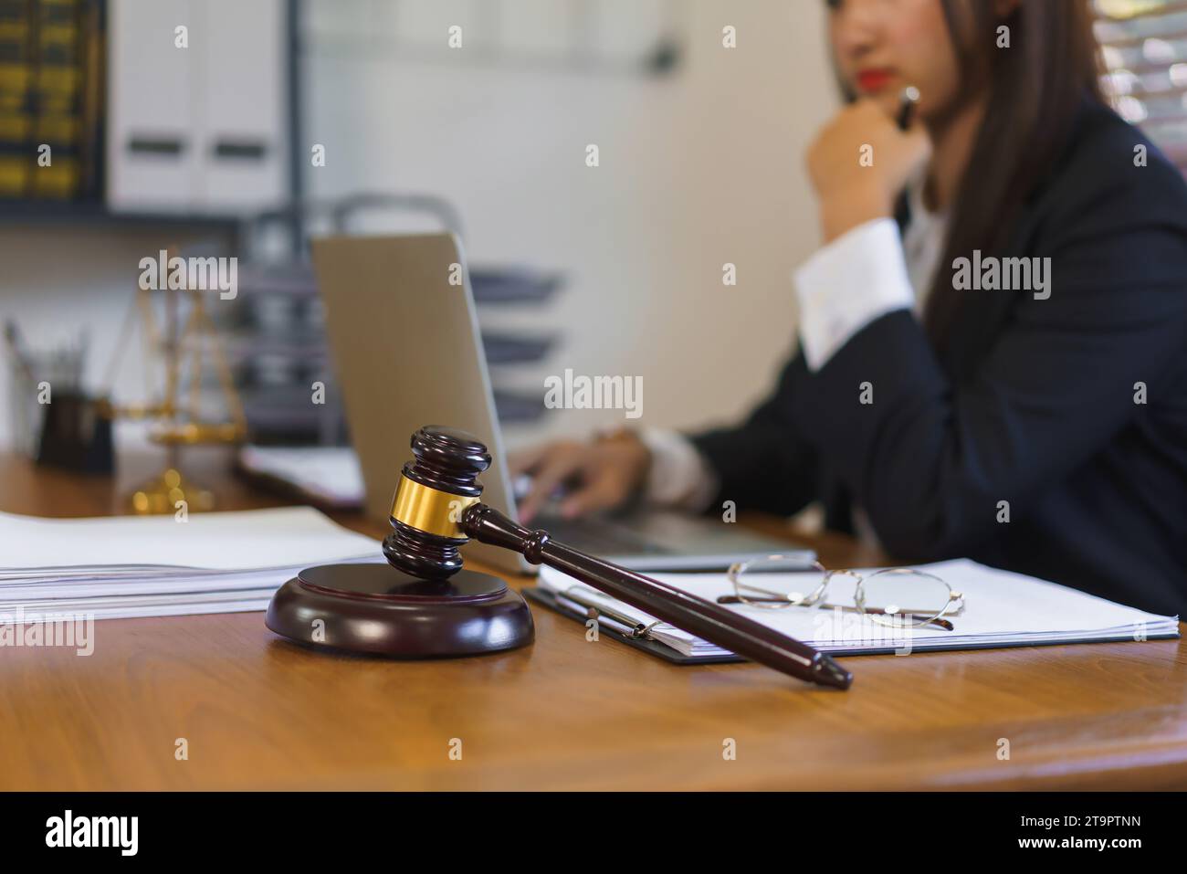 Legislation and justice concept, Young female lawyer working in law ...