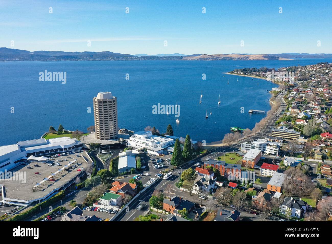 Aerial view of the city of Hobart, showing the Derwent River and Casino ...