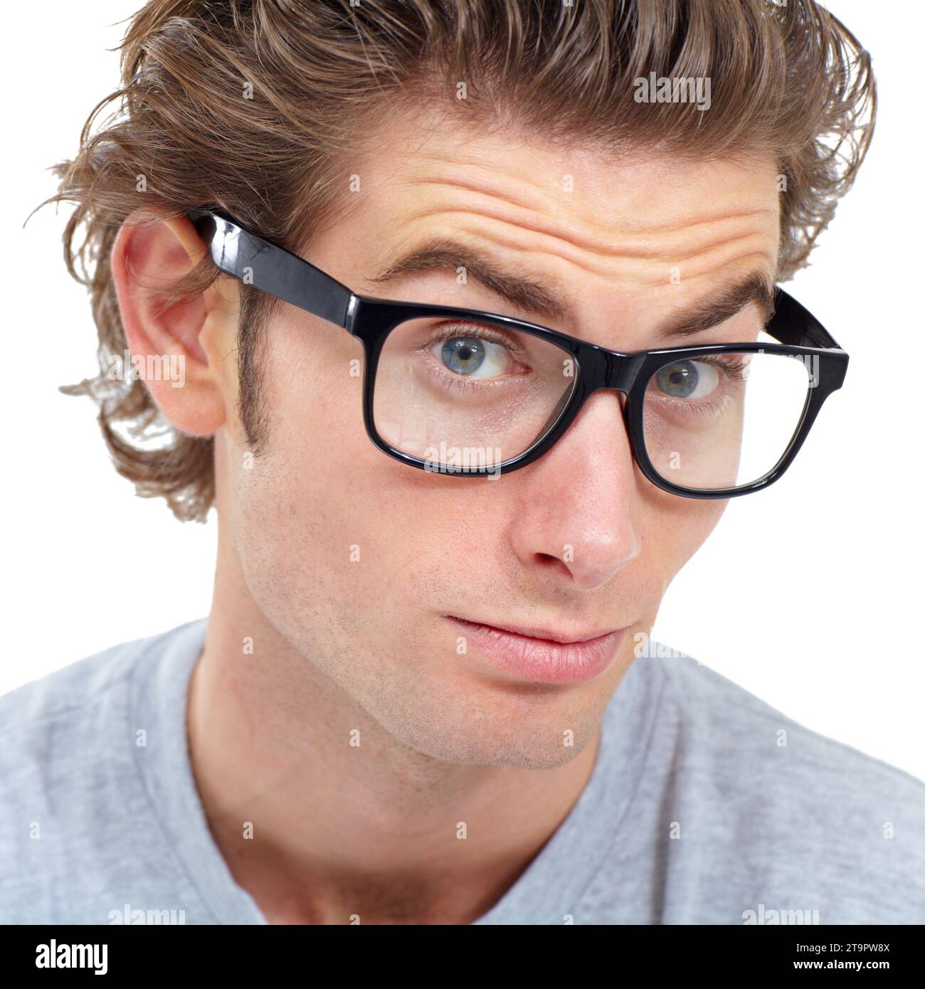 Man, portrait and glasses for curious, confused and doubt face ...