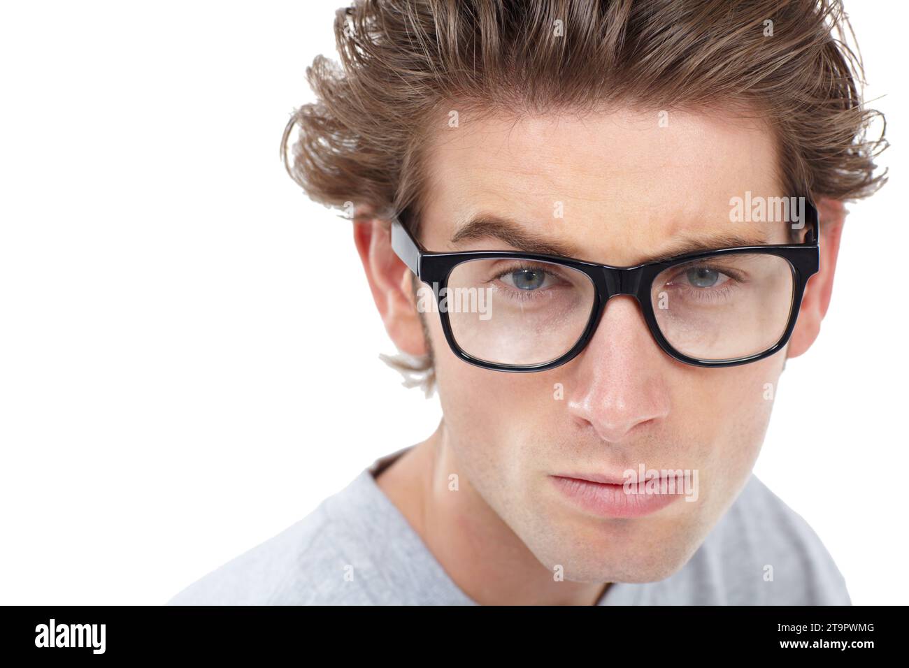 Nerd, portrait or glasses for questions, confused or doubt face ...