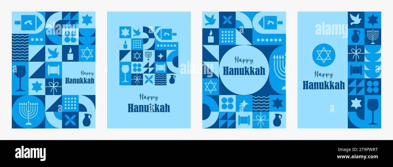 Set of Happy Hanukkah postcards. Modern neo geometric backgrounds ...
