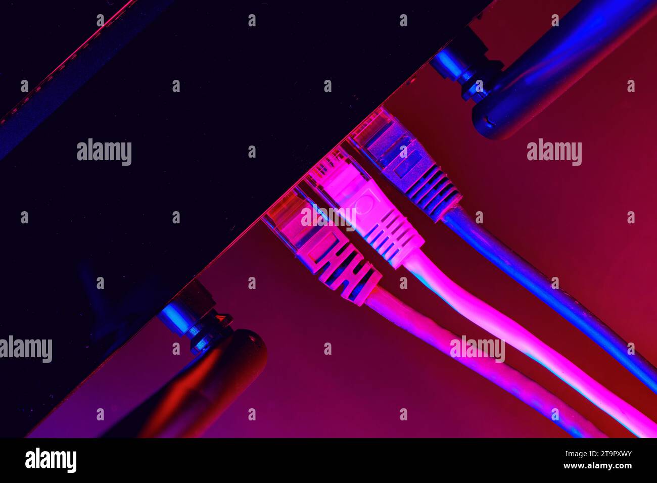 Cables plugged in a Wi-Fi router on dark background Stock Photo - Alamy