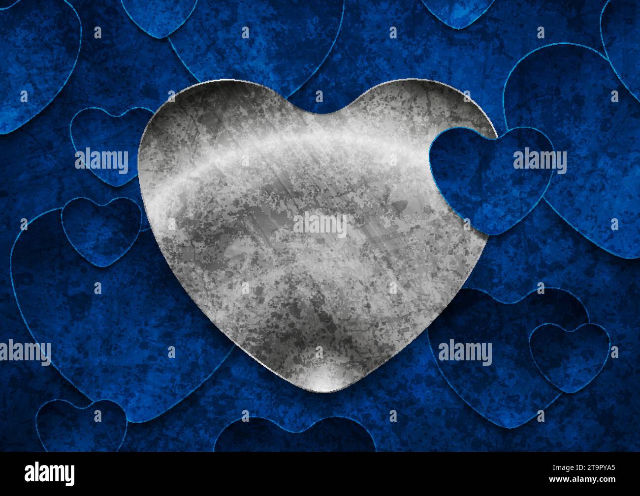 Contrast blue and silver grey hearts grunge concept background ...