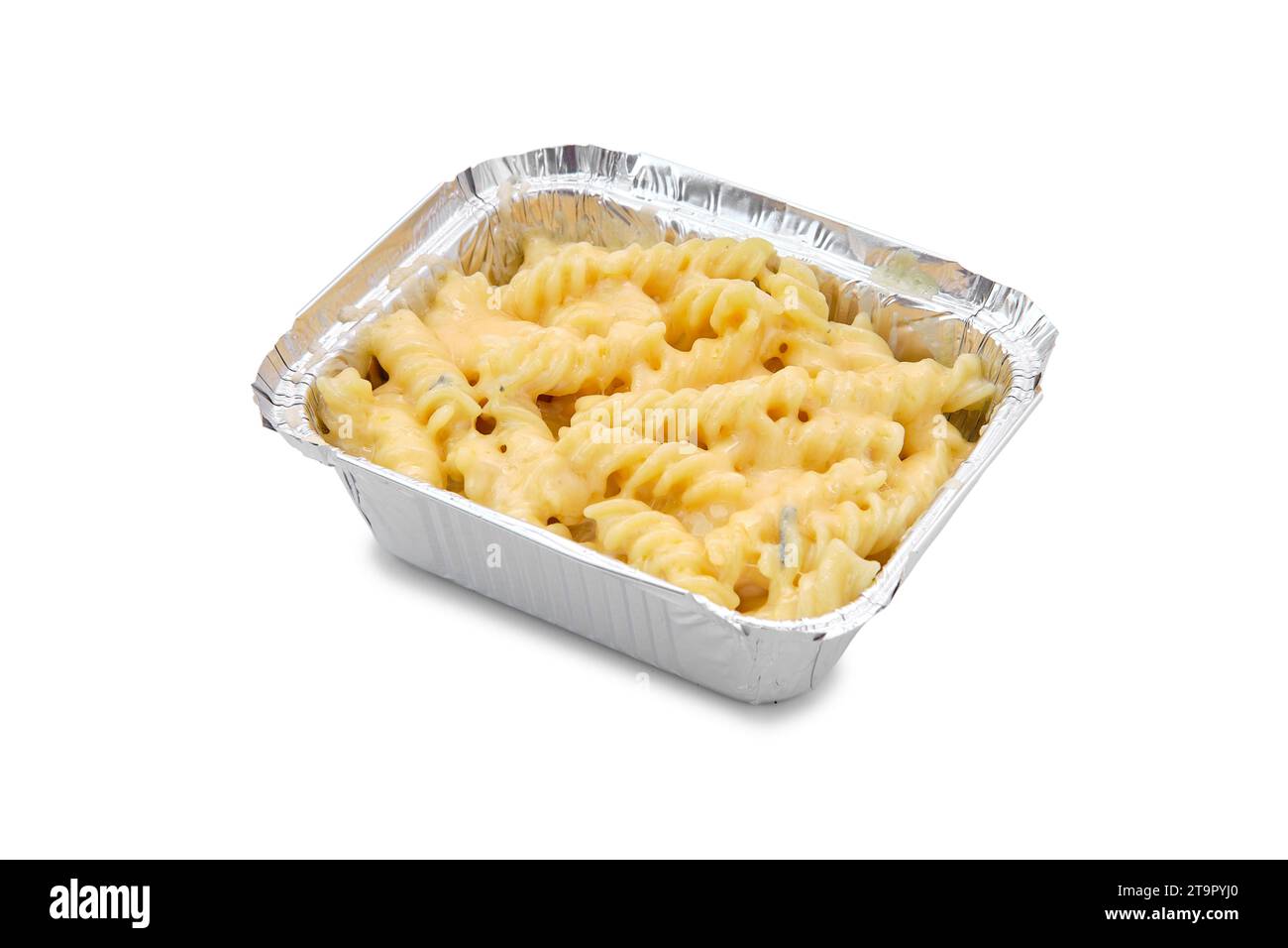 Classic mac and cheese in foil container isolated on white background ...
