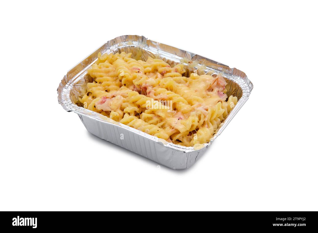 Mac and cheese with prosciutto in foil container isolated on white ...
