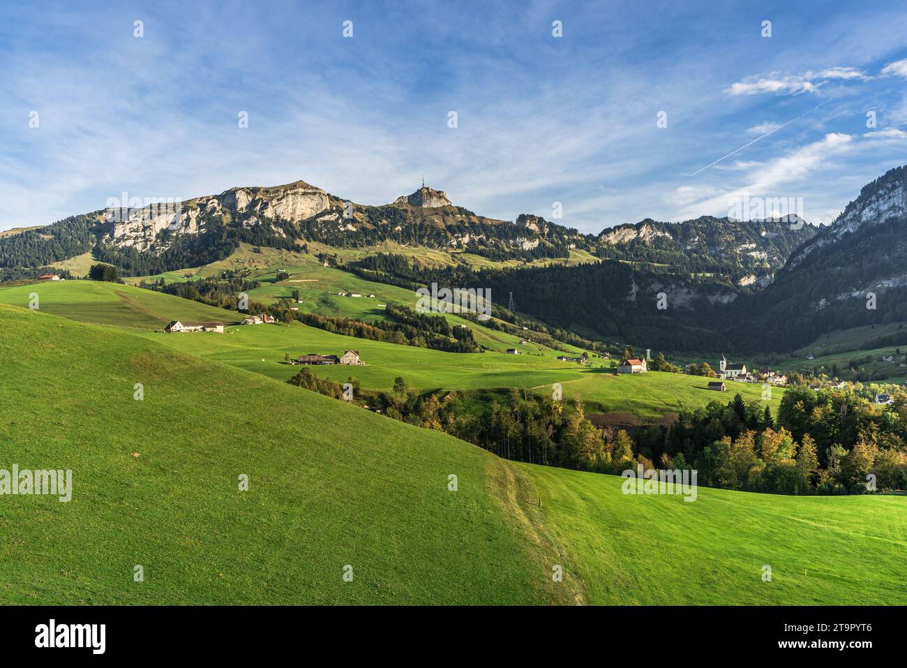 Appenzellerland, landscape with farms and green meadows, view of the ...