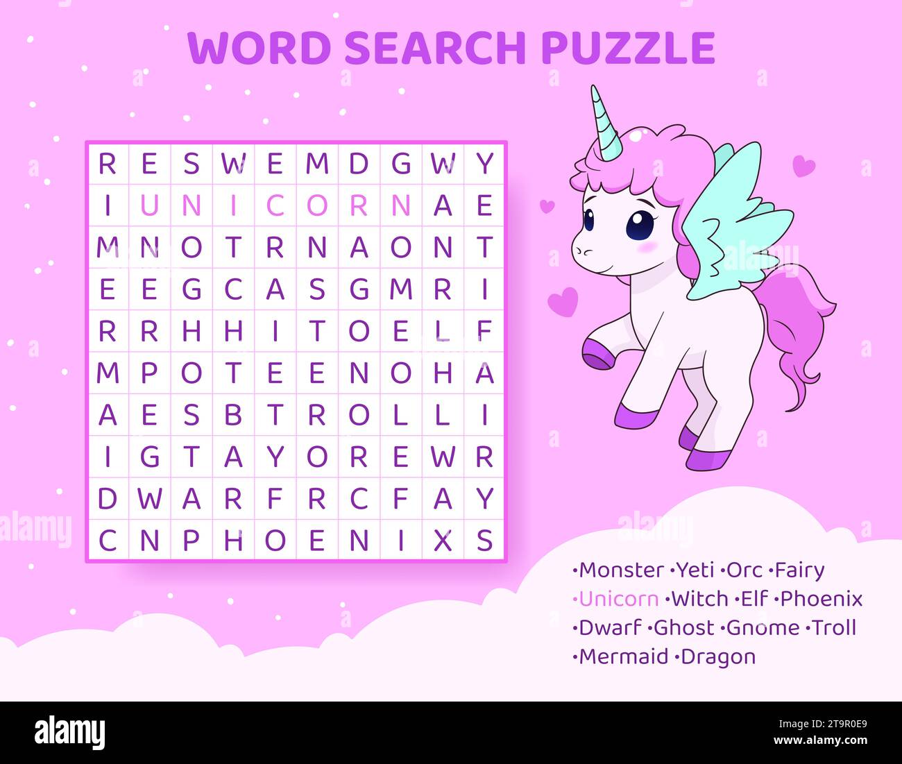 Word search puzzle with magical creatures and animals Stock Vector ...