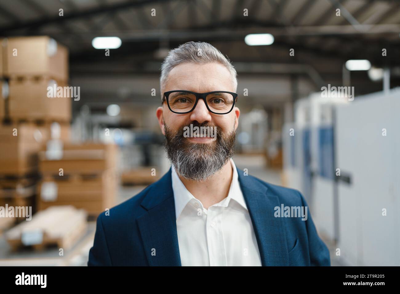 Portrait of male project manager standing in modern industrial factory ...