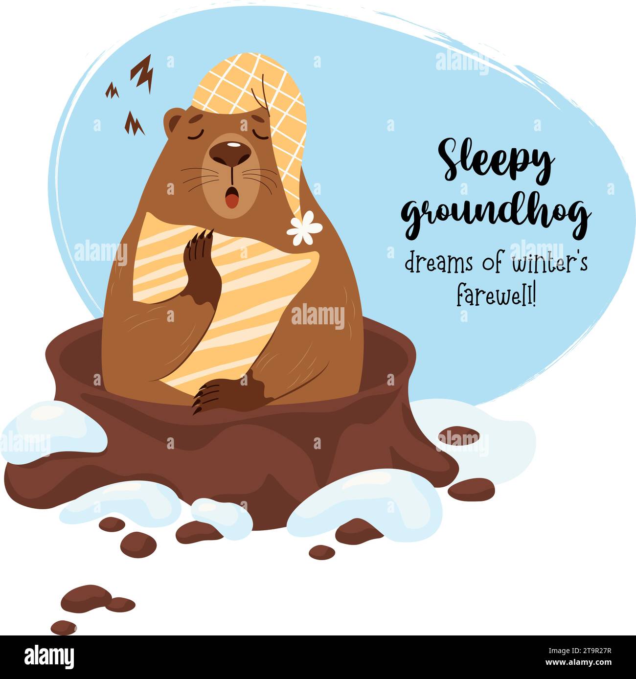 Cute sleeping marmot character with pillow looks out of hole. Festive ...