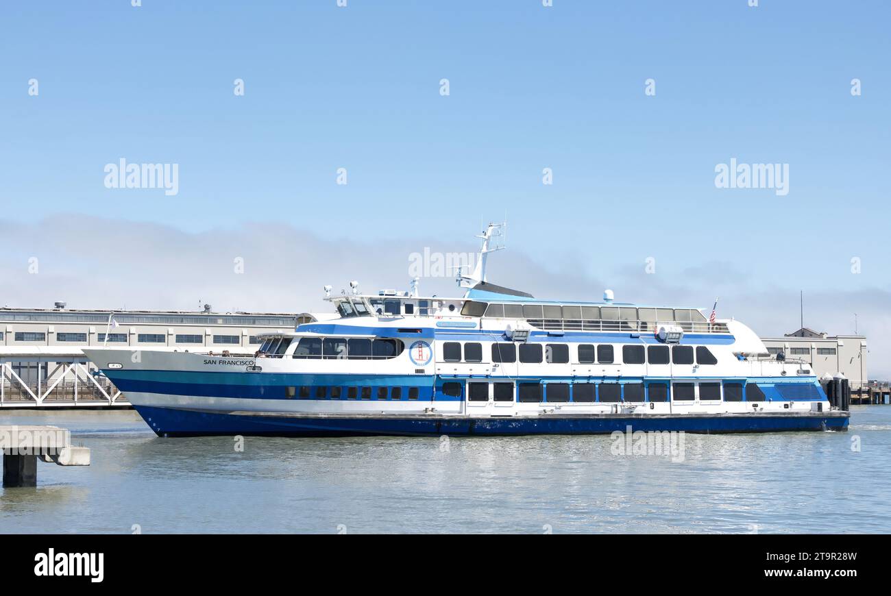 San Francisco, CA - July 13, 2023: Golden Gate Ferry docked at the ...