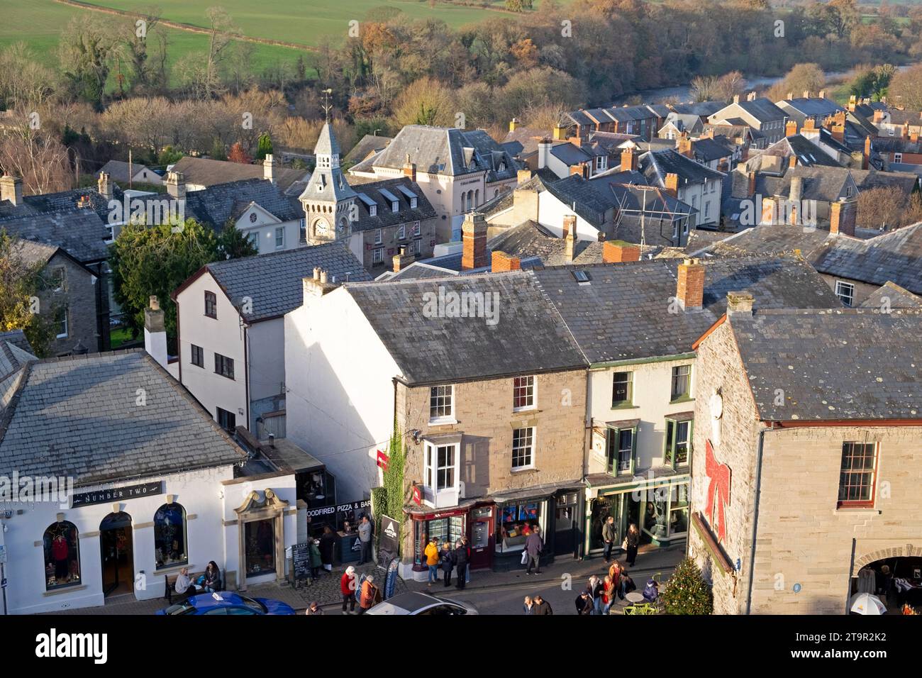 View above looking down over buildings from Hay Castle in Welsh book ...