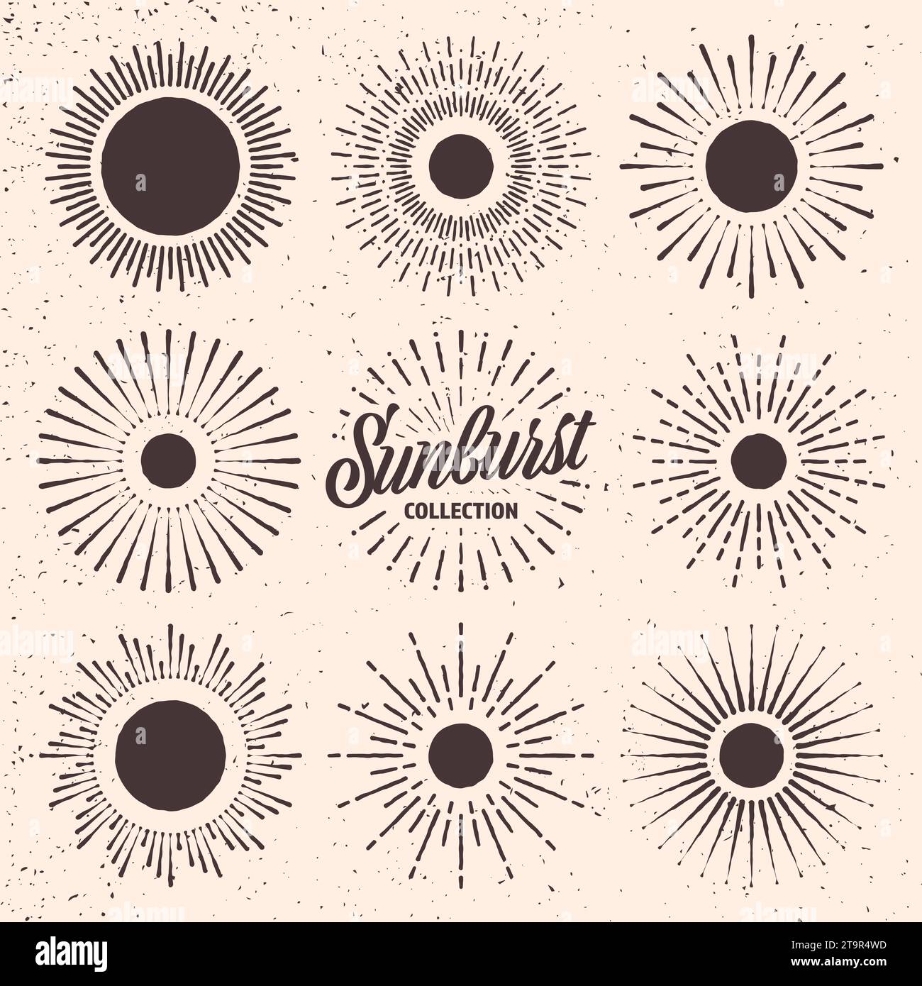 Vintage grunge sunburst, sunset beams. Hand drawn bursting sun, light ...