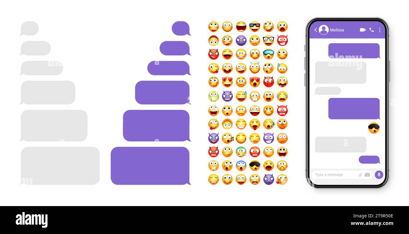 Smartphone messaging app, user interface design with emoji. SMS text frame. Chat screen with ...