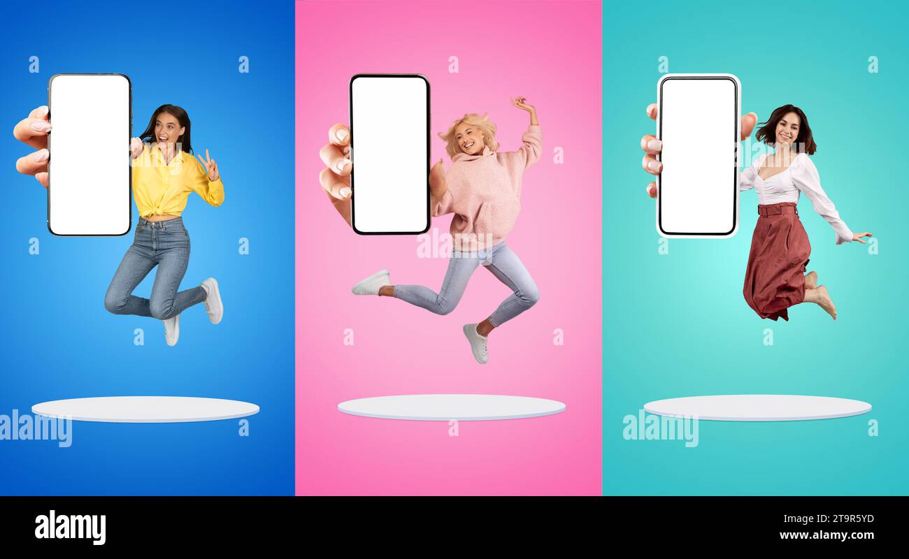 Happy millennial european women show phone with empty screen, peace ...