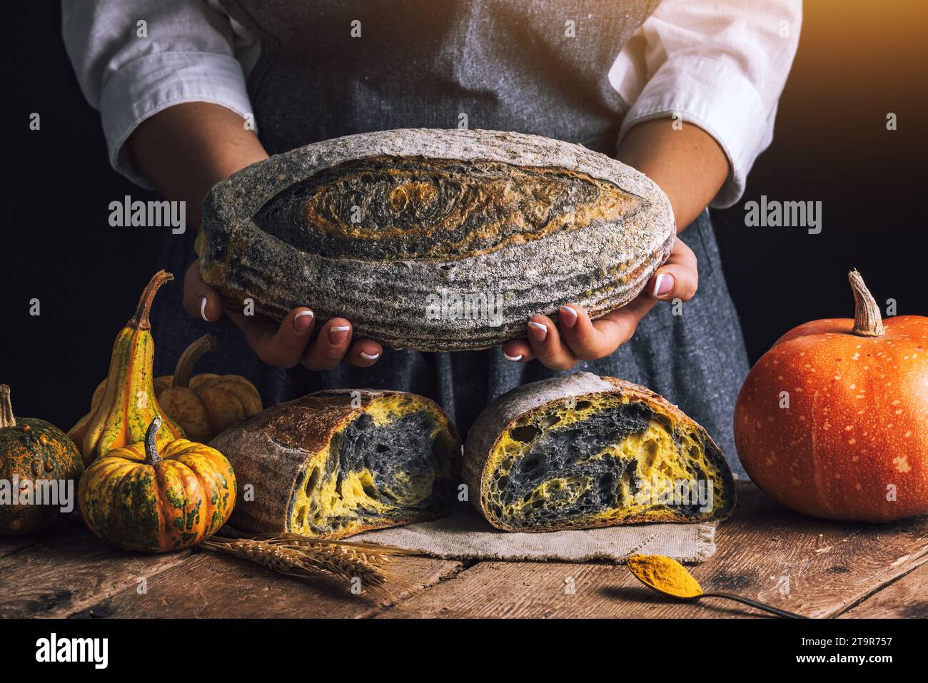 Homemade crusty sourdough bread oven baked and woman baker with autumn ...