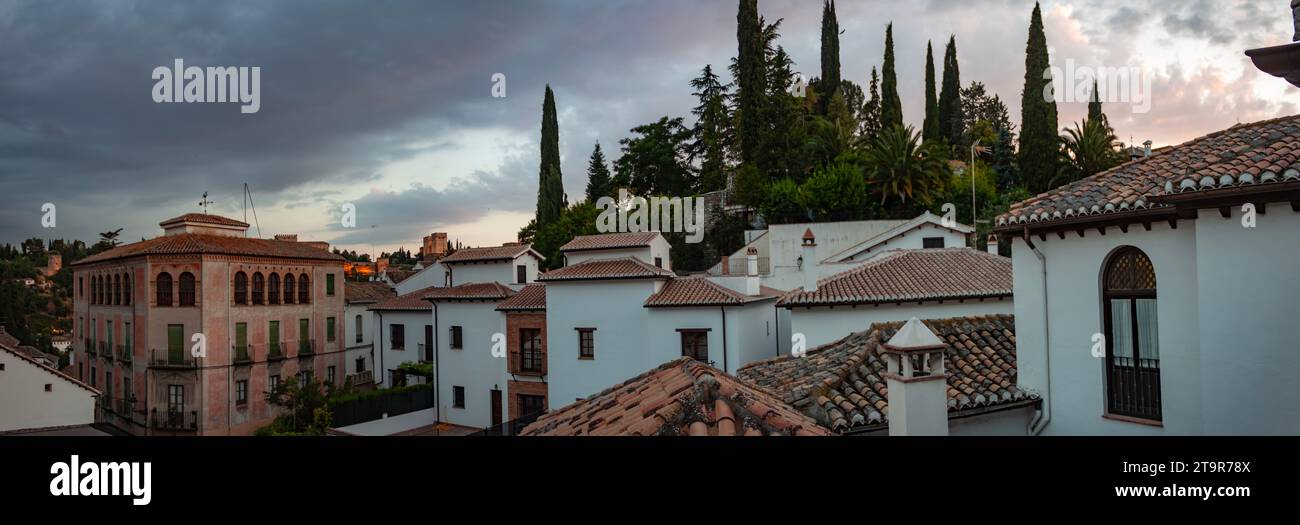 A panoramic view of the beautiful stone buildings and tiled roofs in ...