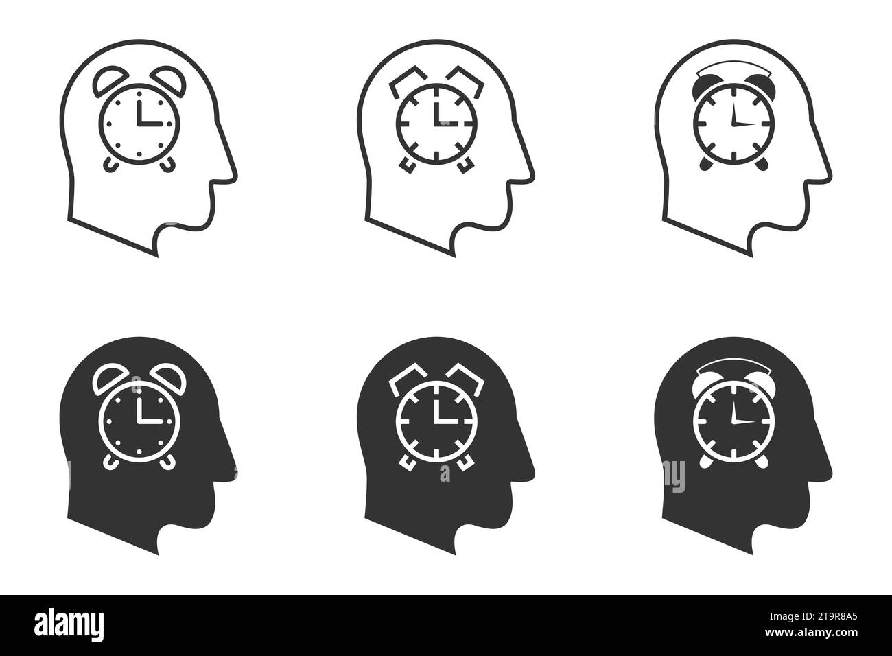 Head with alarm clock sign. Flat and outline style. Vector illustration ...