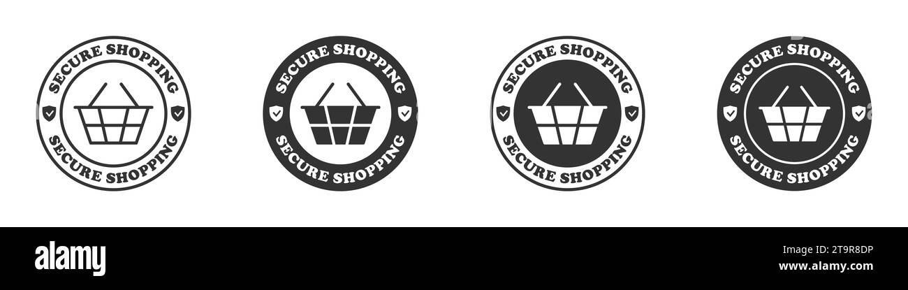 Secure shopping icon set. Round badges with basket and lettering ...