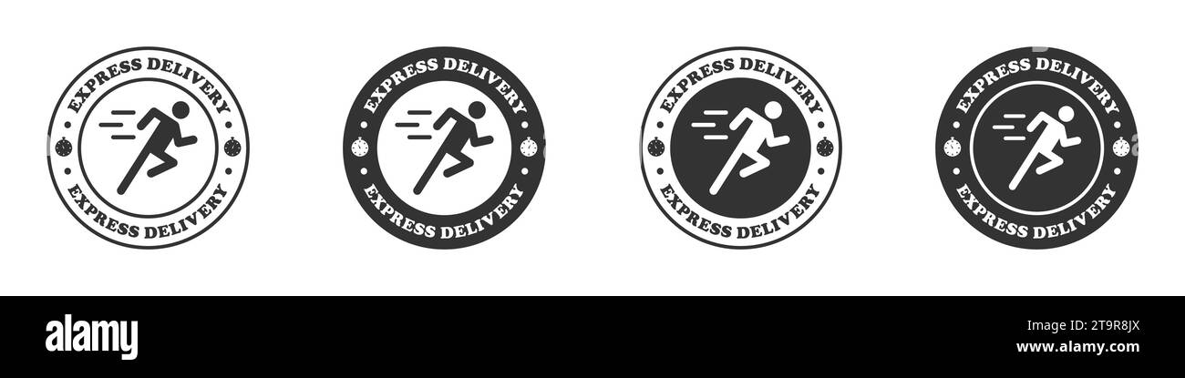 Express delivery round badge. Running man icon with text. Vector ...