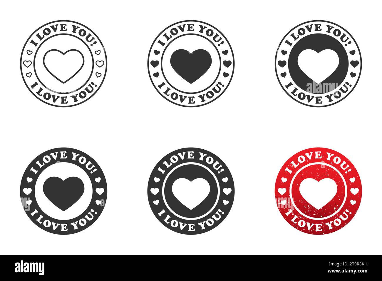 Set of round stamps with heart shape inside and lettering: I love you ...
