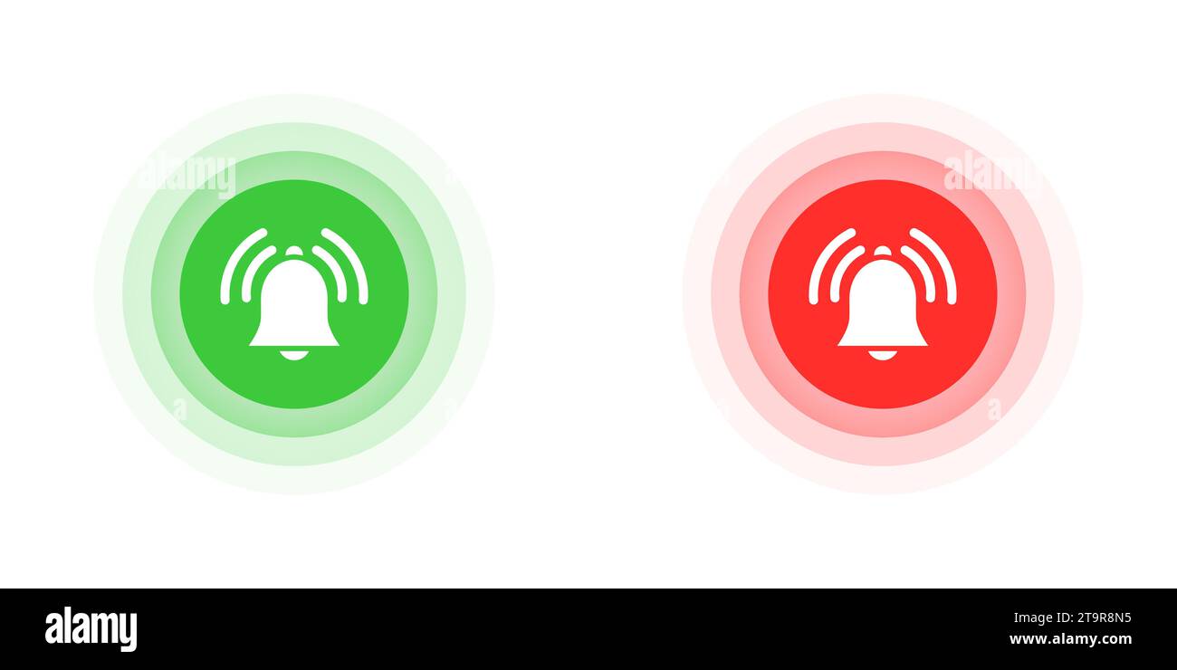 Ringing bell icons in green and red circle shape. Flat vector ...