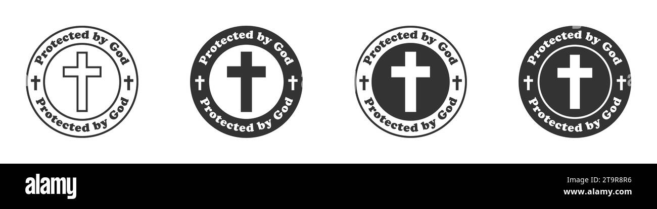 Round badge with a Christian cross and the inscription: "Protected by ...