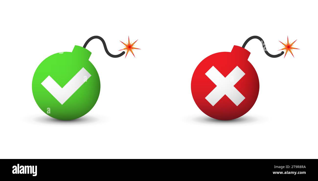 Bomb icon with check mark and cross signs. Green and red colors. Flat ...