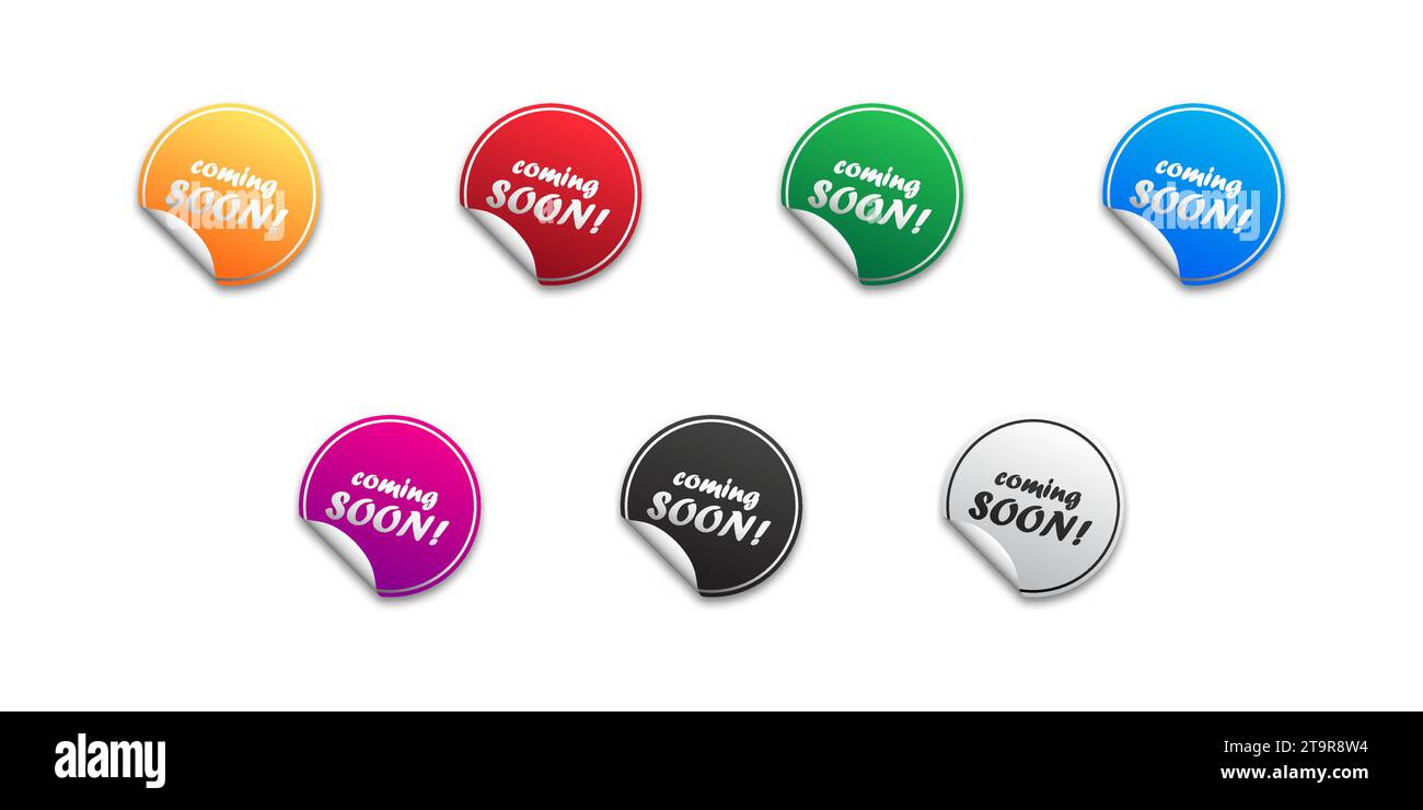 Coming soon. Round sticker set with offer message. Flat vector ...