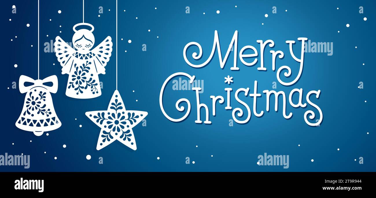 Horizontal banner in paper cut style with text Merry Christmas. Vector ...