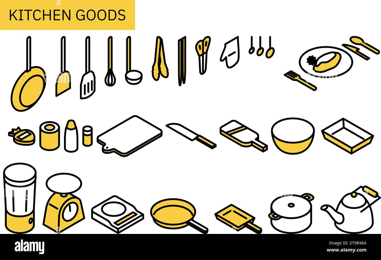 Line drawing illustration of kitchen utensils, simple isometric, Vector ...