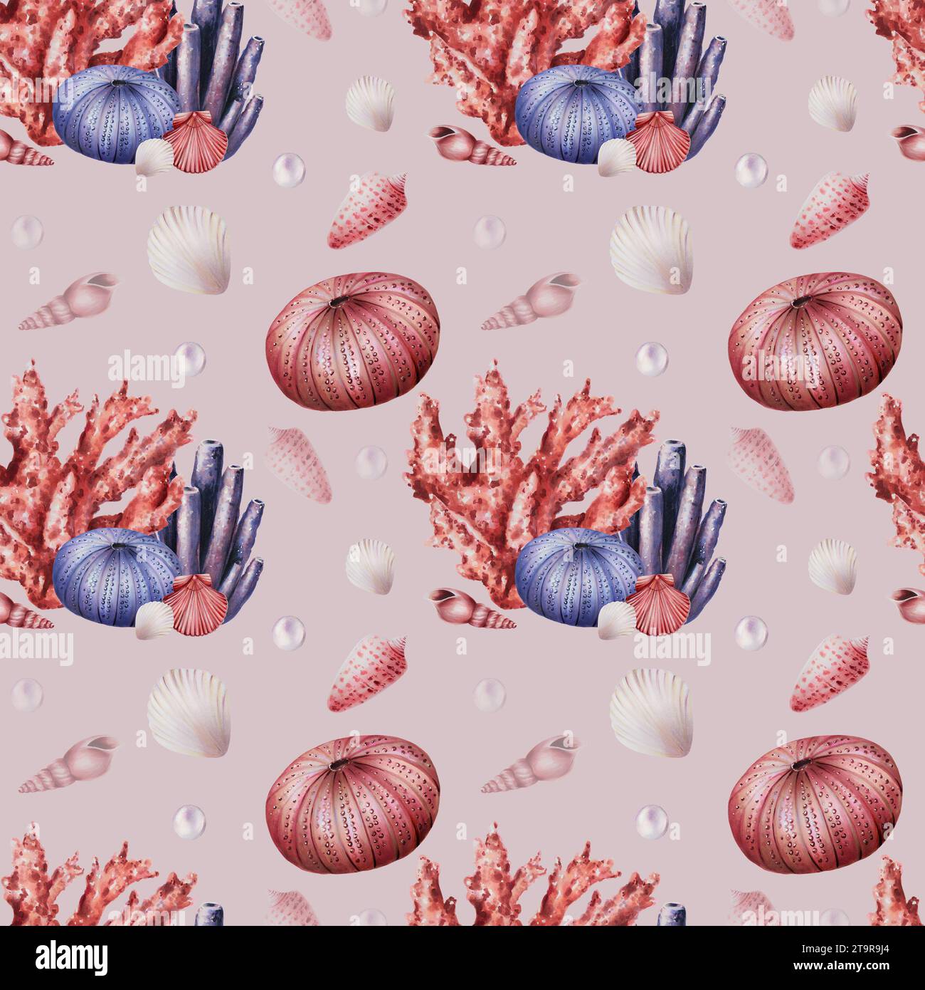 Watercolor seamless pattern with corals, urchin, shells and pearls ...