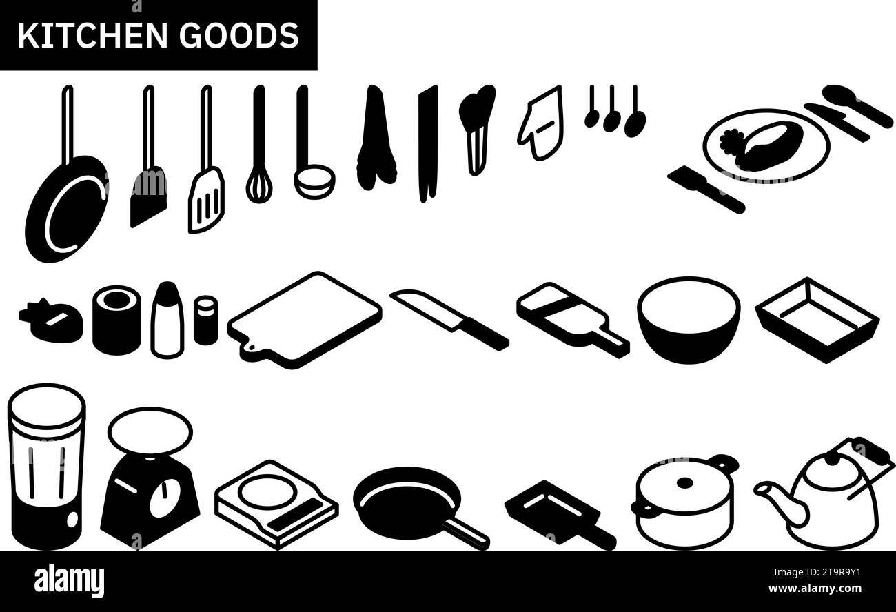 Line drawing illustration of kitchen utensils, simple isometric, Vector ...