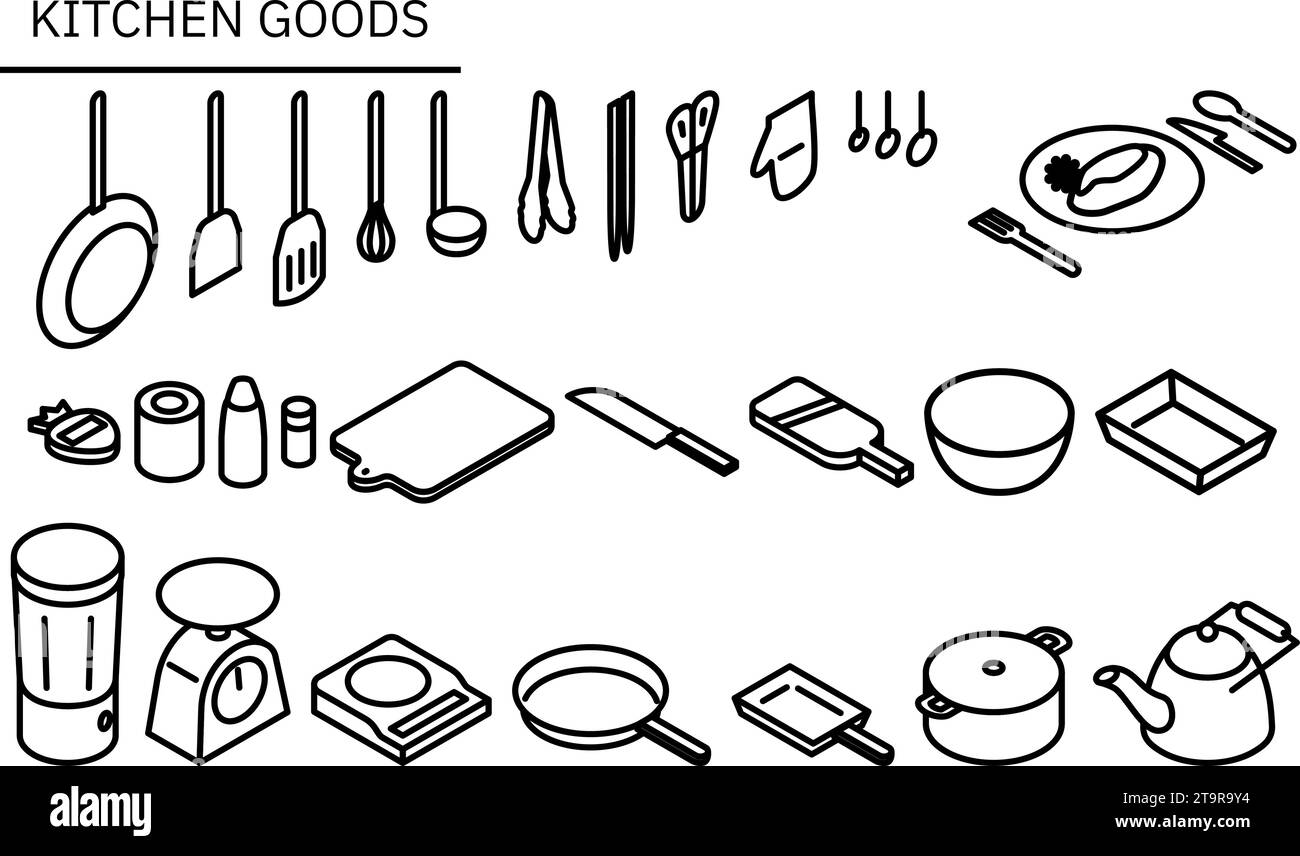 Line drawing illustration of kitchen utensils, simple isometric, Vector ...