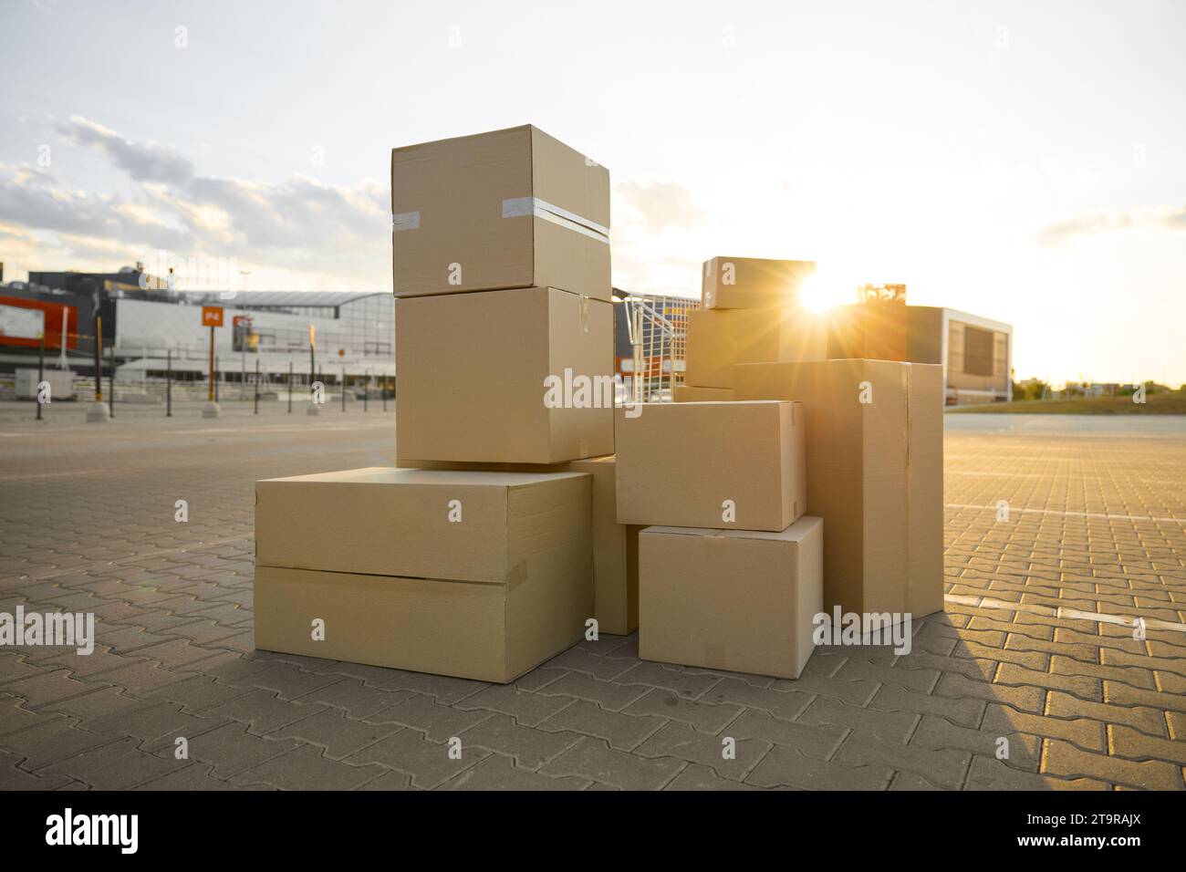 Parcel boxes stack on street city waiting for house moving service ...
